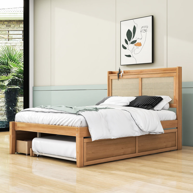 Bay Isle Home Wood Platform Bed with Rattan Headboard Drawers and Twin Size Trundle Wayfair